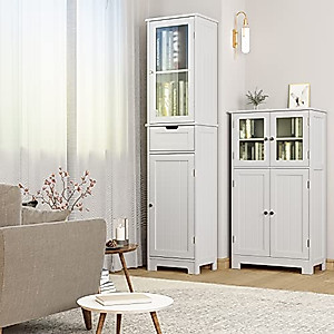HORSTORS Bathroom Storage Cabinet with 2 Doors & 1 Drawer, Floor Freestanding Narrow Tall Cabinet with Adjustable Shelves for Living Room, Bedroom, White