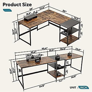 Bestier Industrial L Shaped Desk with Shelves 94.5 Inch Reversible Corner Computer Desk or 2 Person Long Table Office Writing Study Workstation with Monitor Stand and Headphone Hook, Rustic Brown