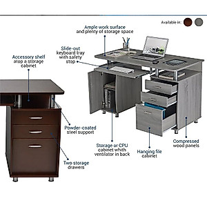 Pemberly Row 48" Wide Home Office Computer Desk in Gray with CPU Storage Cabinet and Hanging File Cabinet, Brown