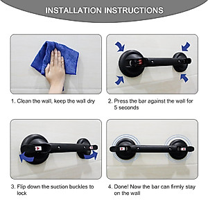 Suction Grab Bar for Shower Bathtub: Upgraded Heavy Duty Non-Slip Grip Handle with Strong Suction Cup for Bathroom Wall, Max Load 269LBS Safety Bar for Elderly Senior Disabled Handicap, 17 Inch, Black