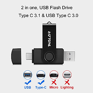 Thkailar 64GB Type C 3.1 USB Flash Drive-2 in 1 Thumb Drive with USB A and Type C Port-Compatible with Mac Pro/Laptops/PC Transfer Data(Black)