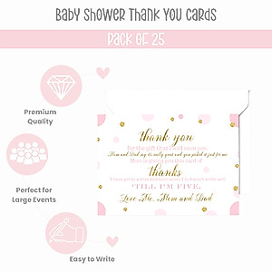 Paper Clever Party 25 Pink and Gold Baby Thank You Cards Pack – Cute Baby Shower Notes with Envelopes, Prefilled Message, Customizable Blank Stationery, Princess Theme, New Parents Gift Ideas