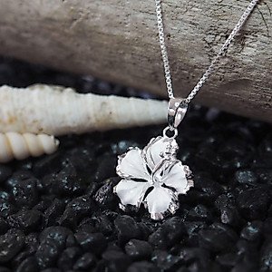 Hawaiian Silver Jewelry Hibiscus Pendant Necklace – 16 plus 2-inch Sterling Silver Chain Necklace with Hibiscus Flower Pendant – Italian Made Silver Chain – Sophisticated Silver Flower Pendant