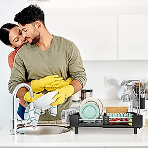 Ozera Dish Rack, Expandable Drying Rack with Drainboard, Stainless Steel Large Racks for Kitchen Counter, Detachable Set Dishes Utensils Holder and Cup Holders, Black (SN-LSJ01)