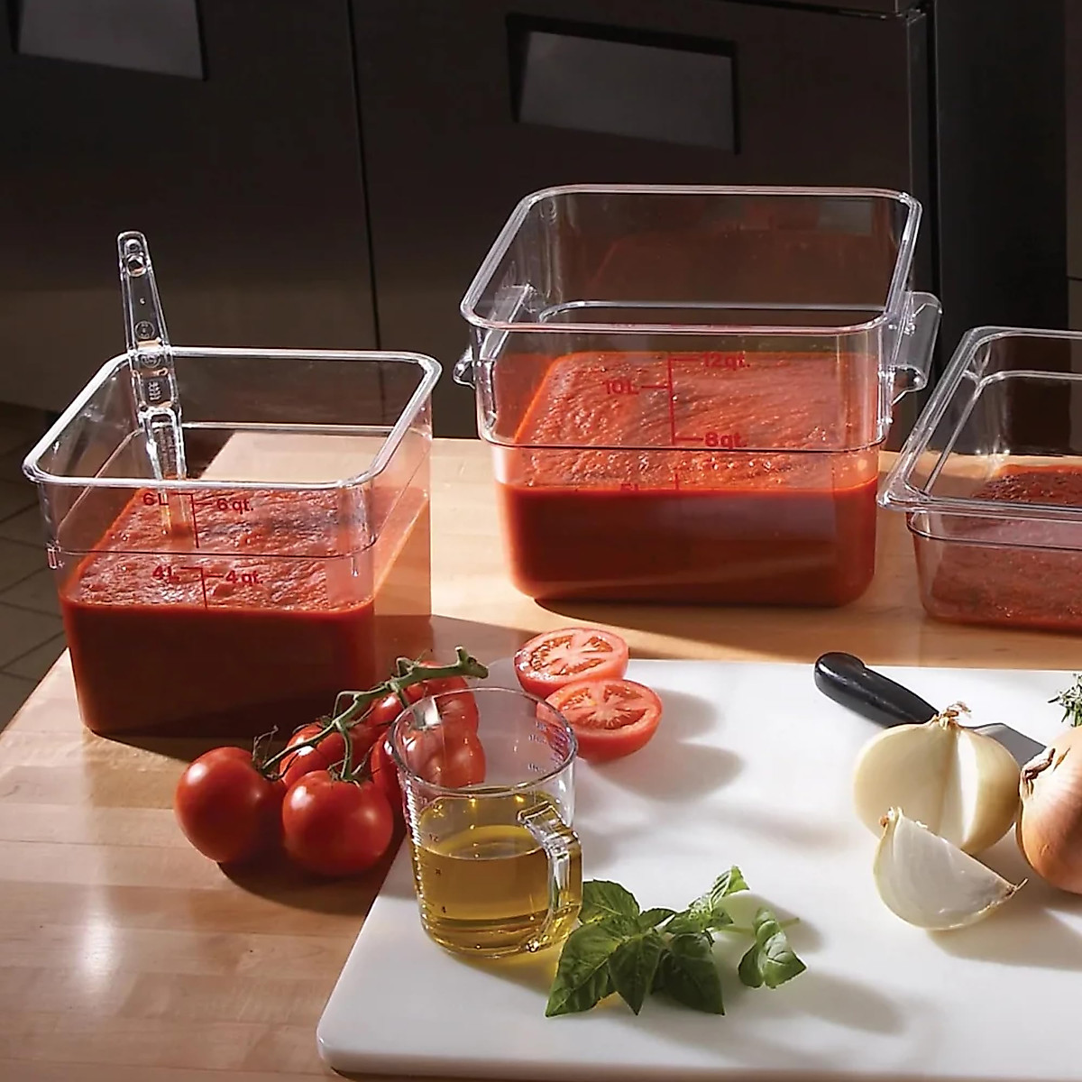 Lumintrail Cambro 6 Quart CamSquare Plastic Storage Container, Translucent, and Red Lid, Bundle with a Measuring Spoon Set (6SFSPP190), BPA Free Plastic