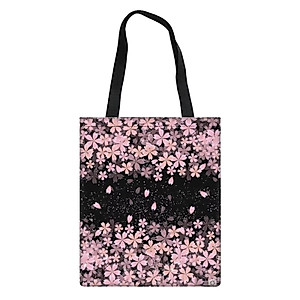 HUGS IDEA Cherry Blossoms Linen Tote Bag with Handles for Women Girls Reusable Grocery Handbags Shopping Beach College Bookbags