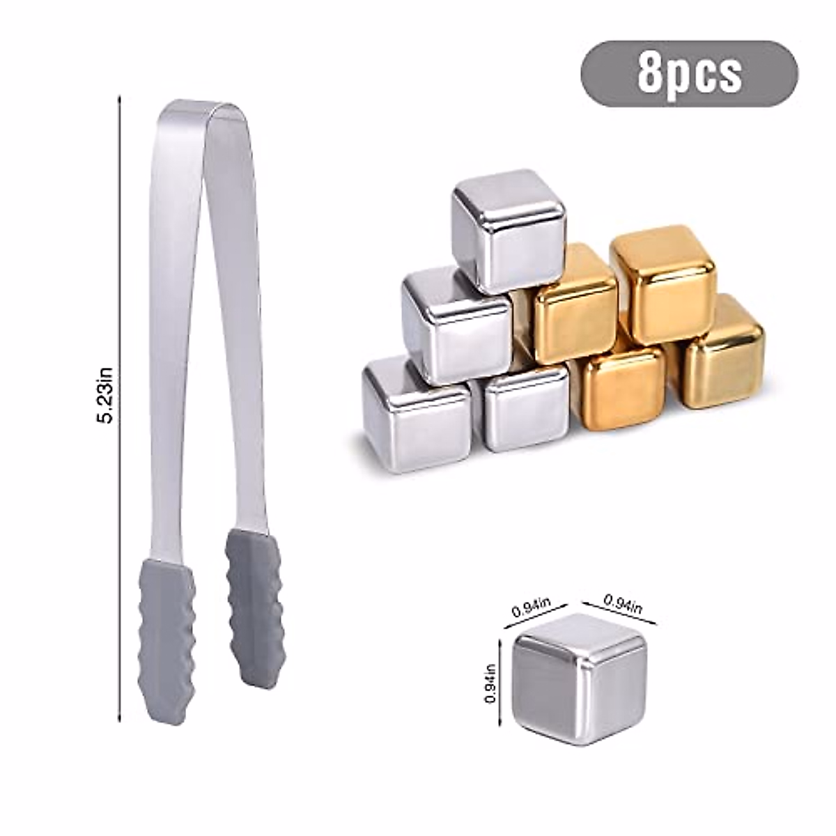 EooCoo Whiskey Stones Set, 4 Golden and 4 Silver Stainless Steel Chilling Ice Cubes Reusable for Whiskey Wine Beverage, Gift for Wedding Father's Day Anniversary Birthday Party Holiday