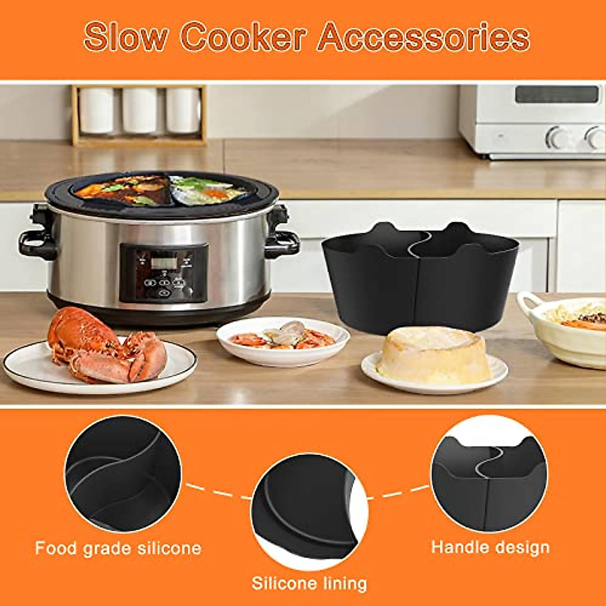 KSUYICA Crock Pot Divider Insert Silicone, Slow Cooker Dividers Silicone Liners Fit 6-8 Qt Crockpots, Reusable BPA Free Leakproof crock pot liner Accessories Cooking Liner for Most Slow Cooker (Black)