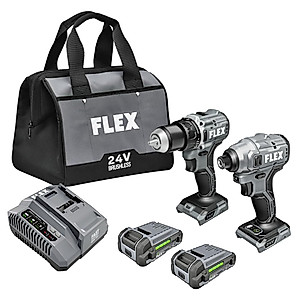 FLEX 24V Brushless Cordless 2-Tool Compact Combo Kit: 1/2-Inch 2-Speed Drill Driver and 1/4-Inch Hex Impact Driver with (2) 2.5Ah Lithium Batteries and 160W Fast Charger - FXM205-2A