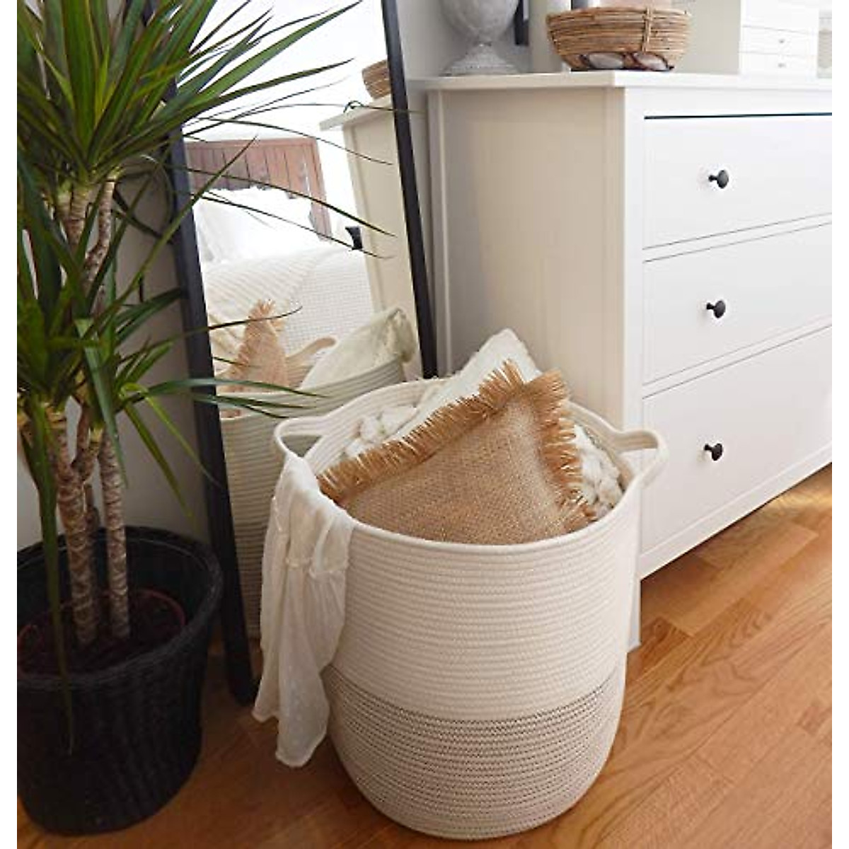 Large Woven Storage Baskets (Set of 2) Decorative Blanket Basket for Living Room, Toys, Pillows, Nursery or Towels. Laundry Hamper. Baskets for Organizing. Cotton Rope Baskets