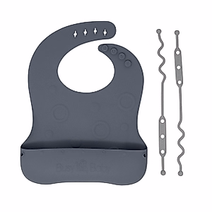 BUSY BABY - Silicone Baby Bib & Bungees, 1-Stop-Drop Travel Bib, 2-Silicone Bungees that Easily Attach to Bib & Keep Things Off the Floor (Pewter)
