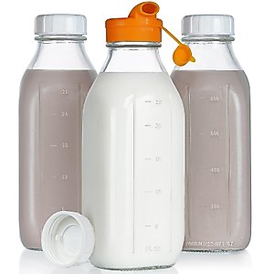 Dwbligt 32 oz Empty Glass Milk Bottles with Silicone Dispenser Cap, Glass Water Bottles with Leak Proof Lid and Scale Mark, Reusable Glass Jars for Juice, Milk, Iced Tea, Set of 3