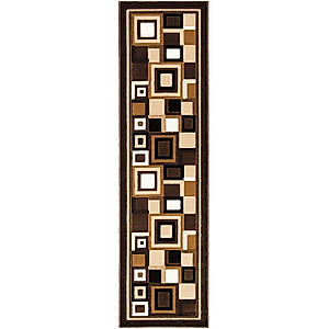 Champion Rugs Squares Chocolate & Mocha Modern Geometric Comfy Casual Hand Carved Area Rug Easy to Clean Stain Resistant Abstract Boxes Contemporary Thick Soft Plush Room (2 Feet X 7 Feet Runner)