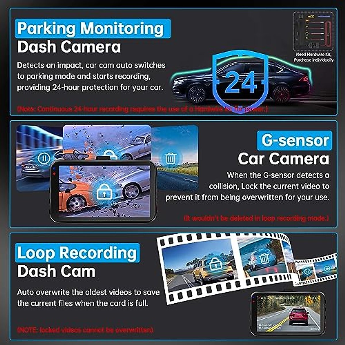 Dash Cam Front and Rear, Dash Camera for Cars WiFi/APP Control Dashcam W/ 64G SD Card, 2.5K Dash Cam Front + 1080P Rear Car Camera W/Super Night Vision, Loop Recording, G-Sensor, Max Support 256GB