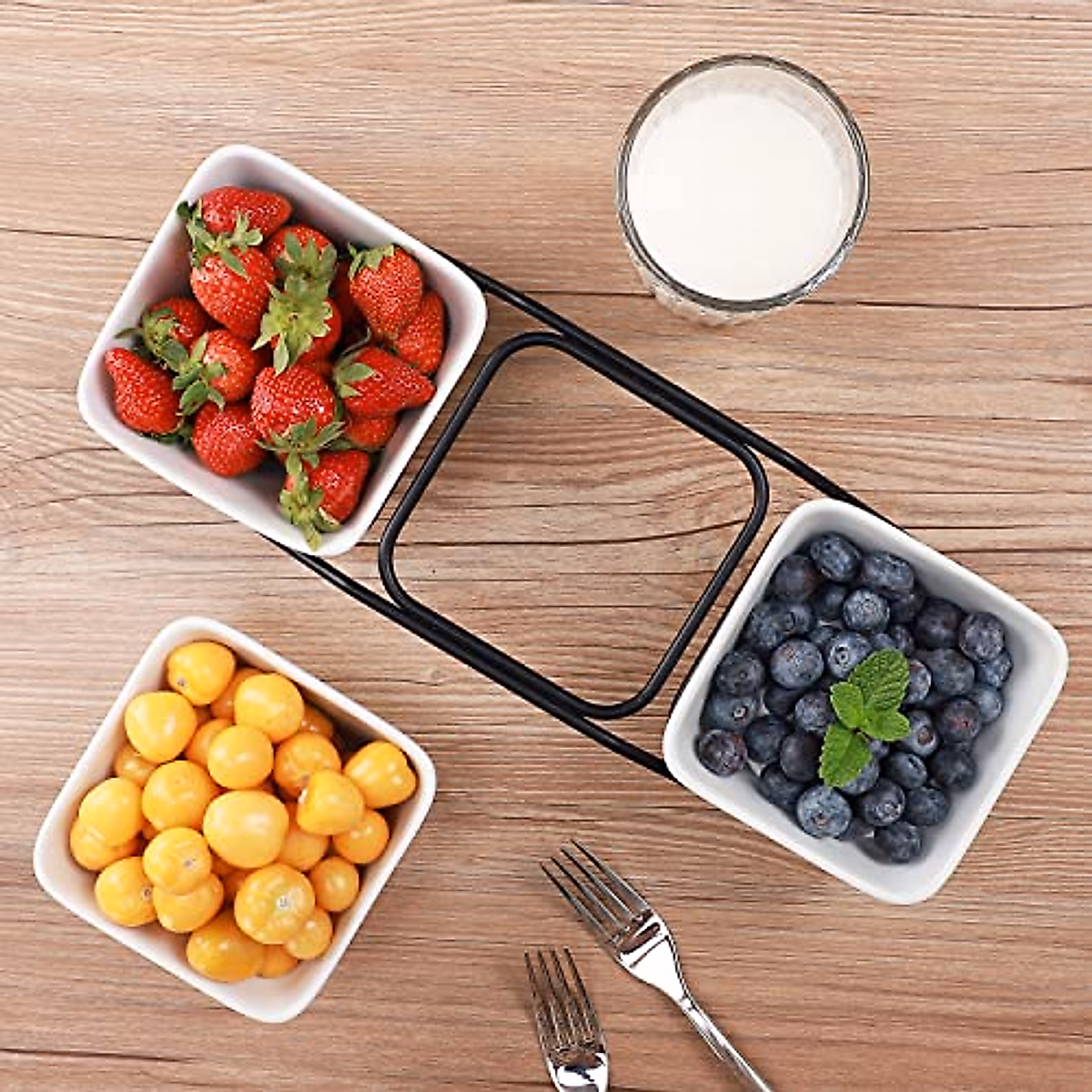 Buyajuju 3 pcs square bowl Porcelain Chip & Dip Serving Set with Black Metal Stand, 4.5inch White Small Serving Bowls for Side Dishes, Salsa, Appetizer, Serving Dishes for Entertaining