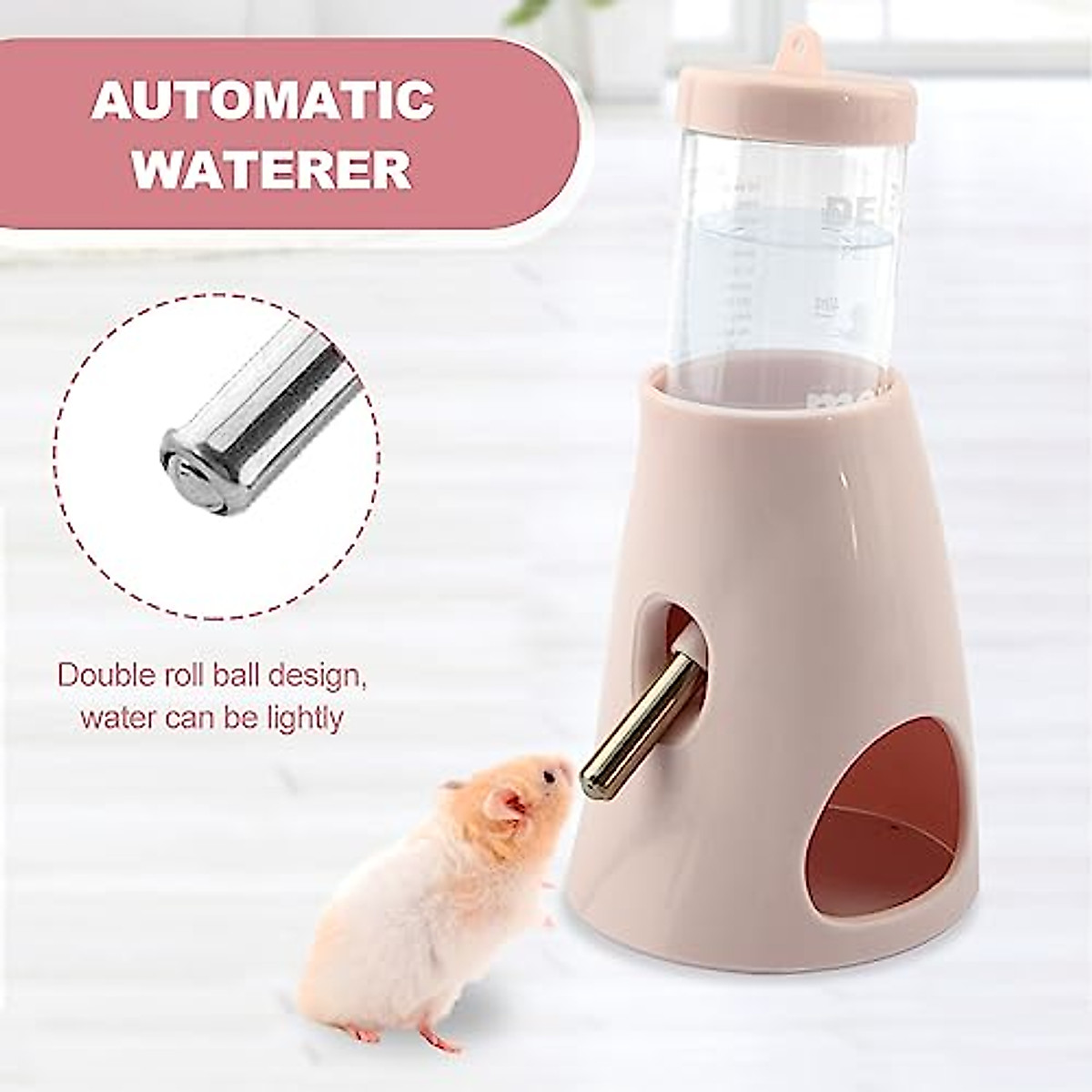 CALIDAKA 2 Pcs 80 ml Hamster Water Bottle Set, 1 Freestabding Waterer and 1Cage Hanging Waterer, No Drip Gerbil Water Feeder, for Hamster Gerbils Mice Degus Hedgehog Small-Sized Pet(Pink)
