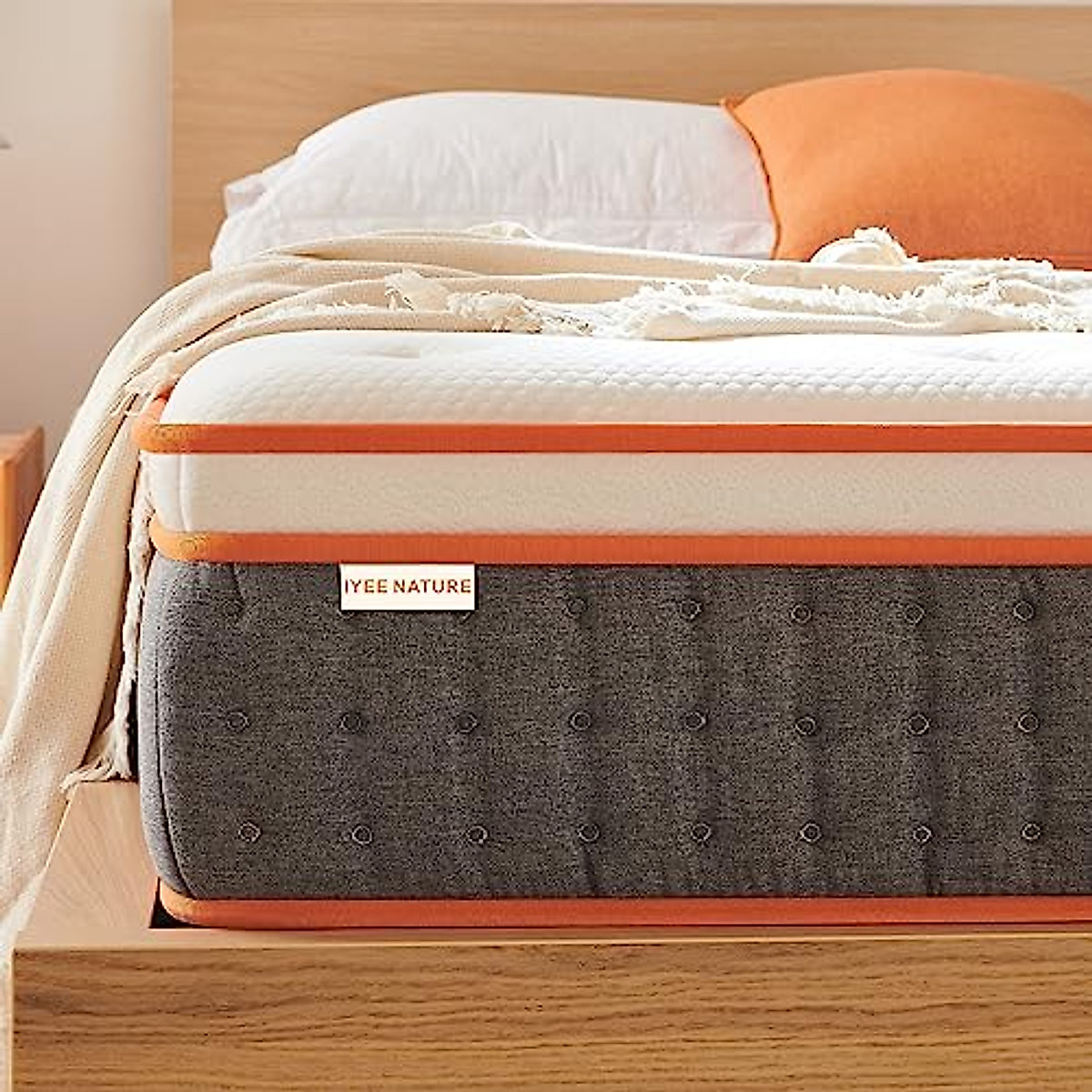 IYEE NATURE King Size Mattress, 10 Inch Innerspring Hybrid Mattress in a Box,Individually Pocket Coils for Motion Isolation,King Bed with Cooling Cover,King Mattress,Medium Firm,Orange