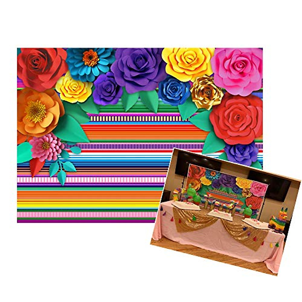 Mexican Theme Party Striped Backdrop Fiesta Cinco De Mayo Paper Flowers Background Party Decoration for Cake Table Decor Photo Booth 10X8FT 071