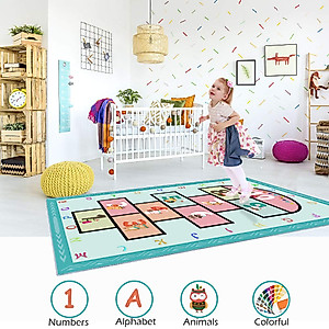 Hopscotch Rug 63”x31, Hop and Count Game Rug with Colorful Alphabet and Animals Design Anti-Slip Kids Play Mat, Soft Floor Area Rug & Carpet Playroom Bedroom Living Room