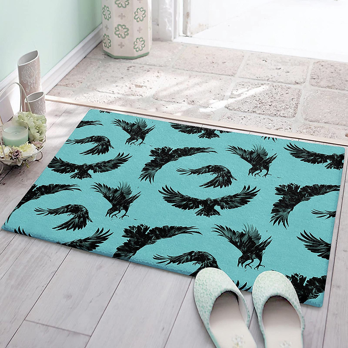 Door mat Door Mats Bath Rugs Halloween Black Crows,Soft Fluffy Plush Doormats Non Slip Carpet Teal Blue Turquoise Linen Texture,gy Fuzzy Area Throw Rug for Kitchen/Bathroom/Living Room 18x30in