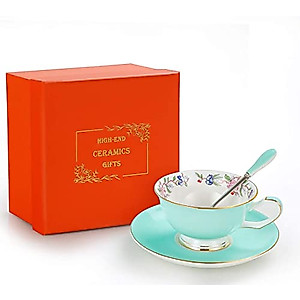 3 Piece Bone China Cup and Saucer Set with Spoon Vintage Porcelain Coffee Cup Set, Floral Tea Cup Set with Gold Trim and Gift Box, 7.1oz.