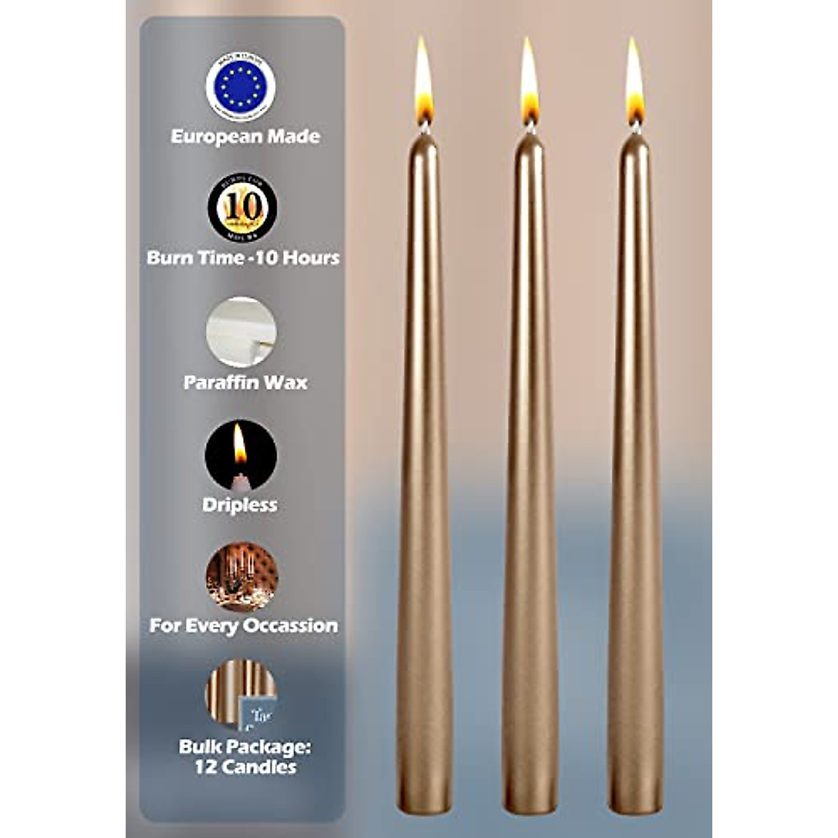 Hyoola Tall Metallic Antique Gold Taper Candles - 12 Inch - Dripless - 12 Pack - 10 Hour Burn Time