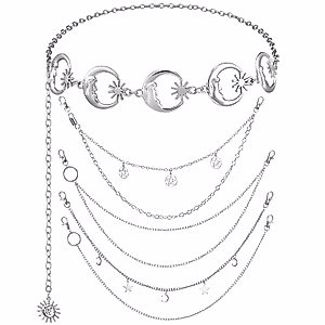 5 Pieces Chain Belt Pendant Belly Belt Body Chains Silver Metal Link Body Chain Belt Jeans Pants Chain Pocket Waist Chain Multilayer Hip Hop Metal Wallet Chain for Men Women (Moon Star)