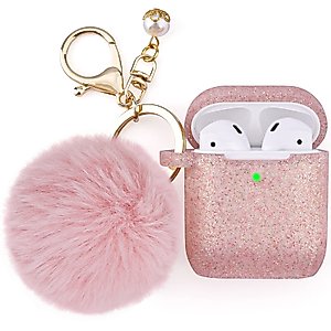 Filoto Compatible with Airpod 2&1 Case Cover, Cute Silicone Protective Accessories Cases/Keychain/Pompom, Best Gift for Girls and Women, Rose Gold