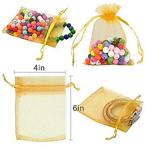 Rbenxia 100 Pcs Drawstring Organza Pouches 4 by 6 Inches Jewelry Favor Pouch Bags Wedding Party Festival Gift Candy Bag Color Gold
