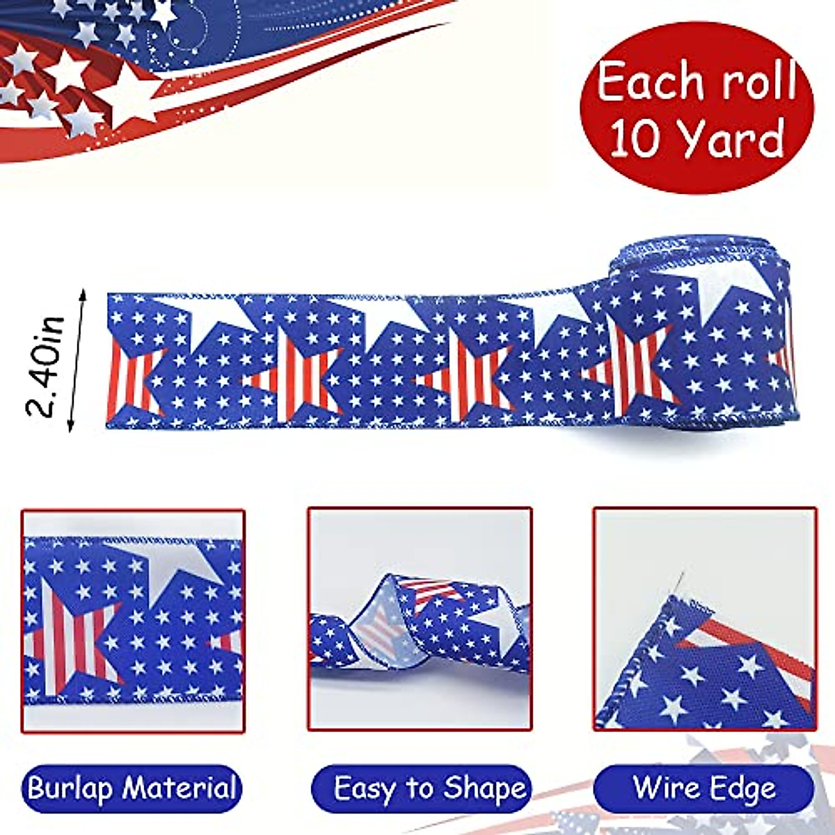 Hying 4th of July Ribbons for Gift Wrapping, Patriotic Wired Edge Ribbons Red Blue Burlap Ribbon American Stars Craft Ribbons for Wreath Bows Flag Day Independence Day Decorations, 2.5"×10 Yards