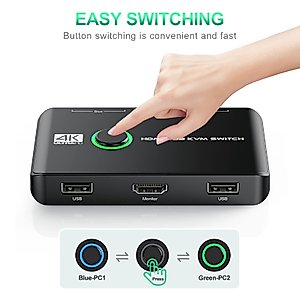 4K KVM Switch HDMI 2 Port Box, USB HDMI KVM Switches for 2 Computers Share Keyboard Mouse Printer and one HD Monitor, Support UHD 4K@60Hz, with 2 USB Cables and 2 HDMI Cables…