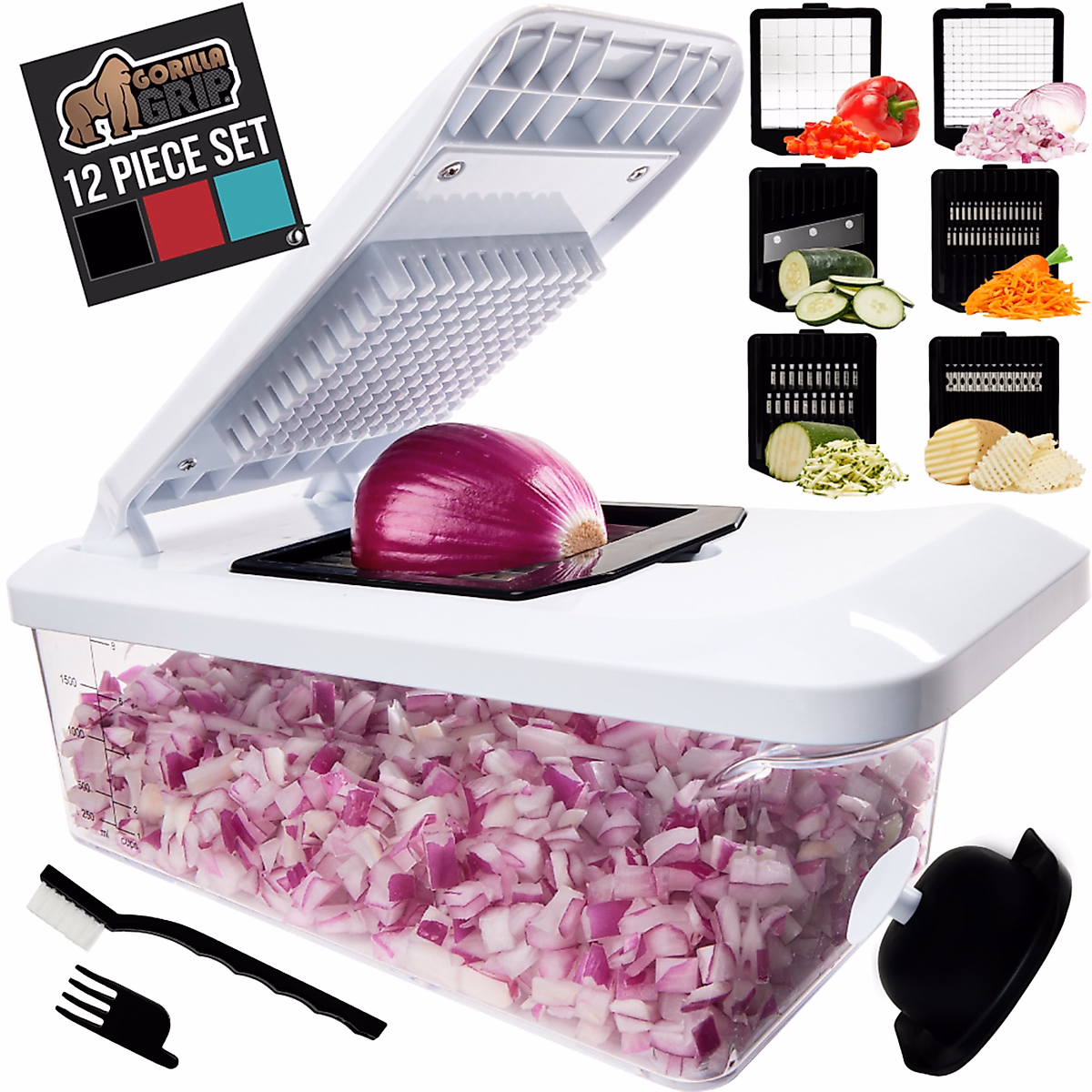 Gorilla Grip Heavy Duty 12-in-1 Vegetable Chopper, Interchangeable Blade Mandoline Slicer, Multifunctional Food Salad Choppers, Cucumber Onion Dicer Cutter with Container, Kitchen Gadget Tool, Black