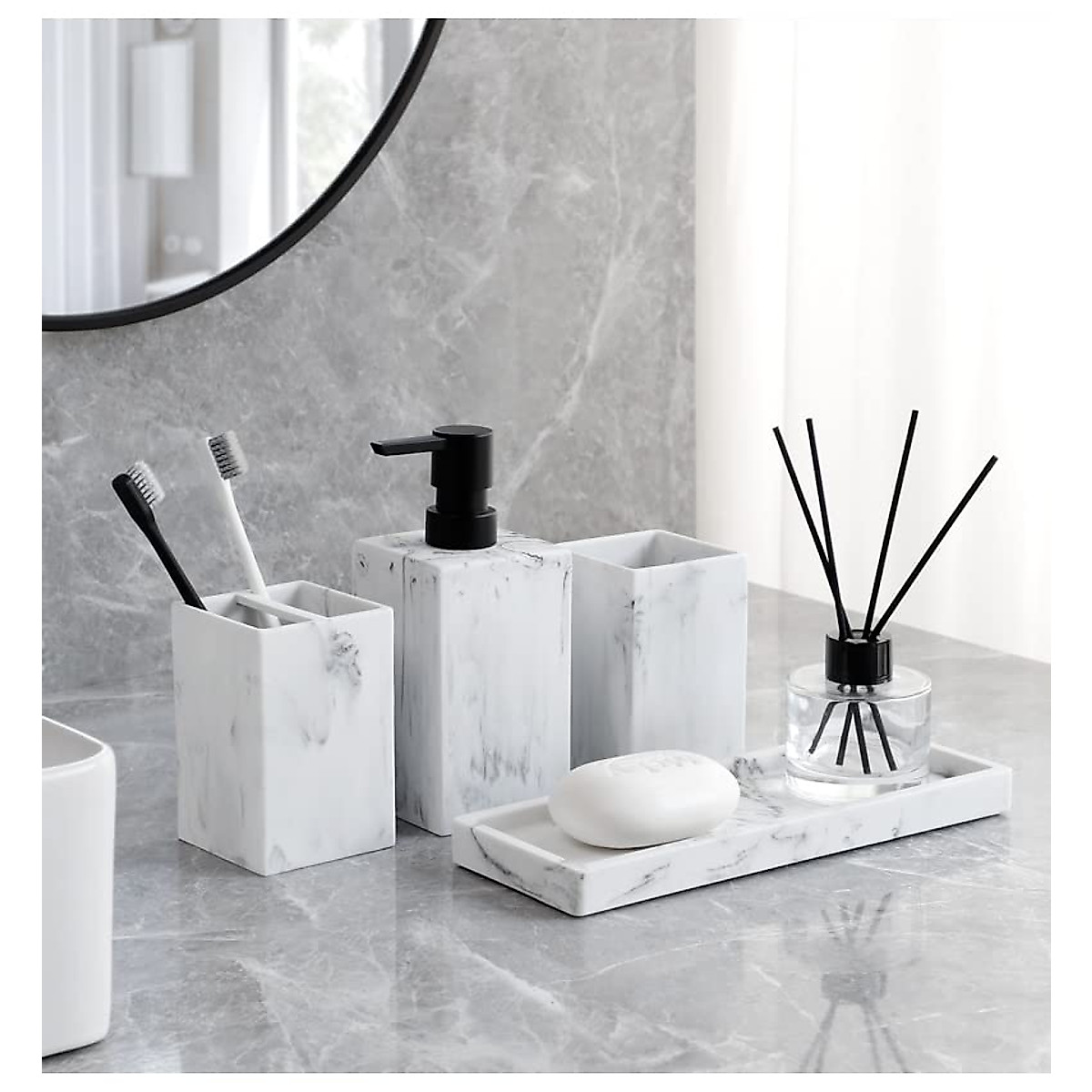 ZHANWANGJIAJU Bathroom Accessory Set Complete Vanity Top Decoration Set Marble Pattern Lotion Dispensing Soap Dispenser, Toothbrush Holder, Soap Pump, Tray (White)