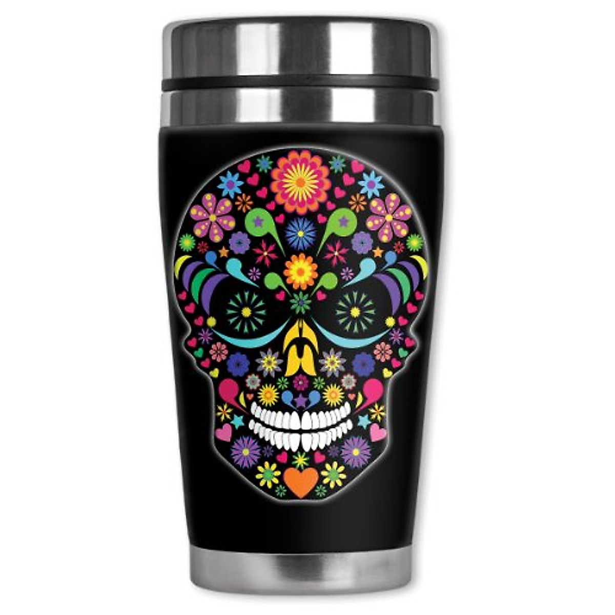 Mugzie Multi Color Sugar Skull Travel Mug with Insulated Wetsuit Cover, 16 oz, Black
