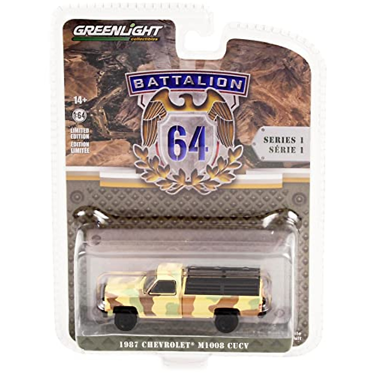 1987 Chevy M1008 CUCV Pickup Truck with Troop Seats Desert Camouflage Battalion 64" Release 1 1/64 Diecast Model Car by Greenlight 61010 F
