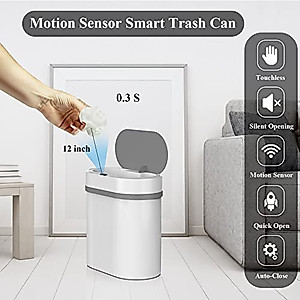 JHZWD Motion Sensor Bathroom Trash Can 2.8 Gallon Touchless Automatic Garbage Can with Lid, Small Waterproof Trash Bin for Office Bedroom Living Room - White