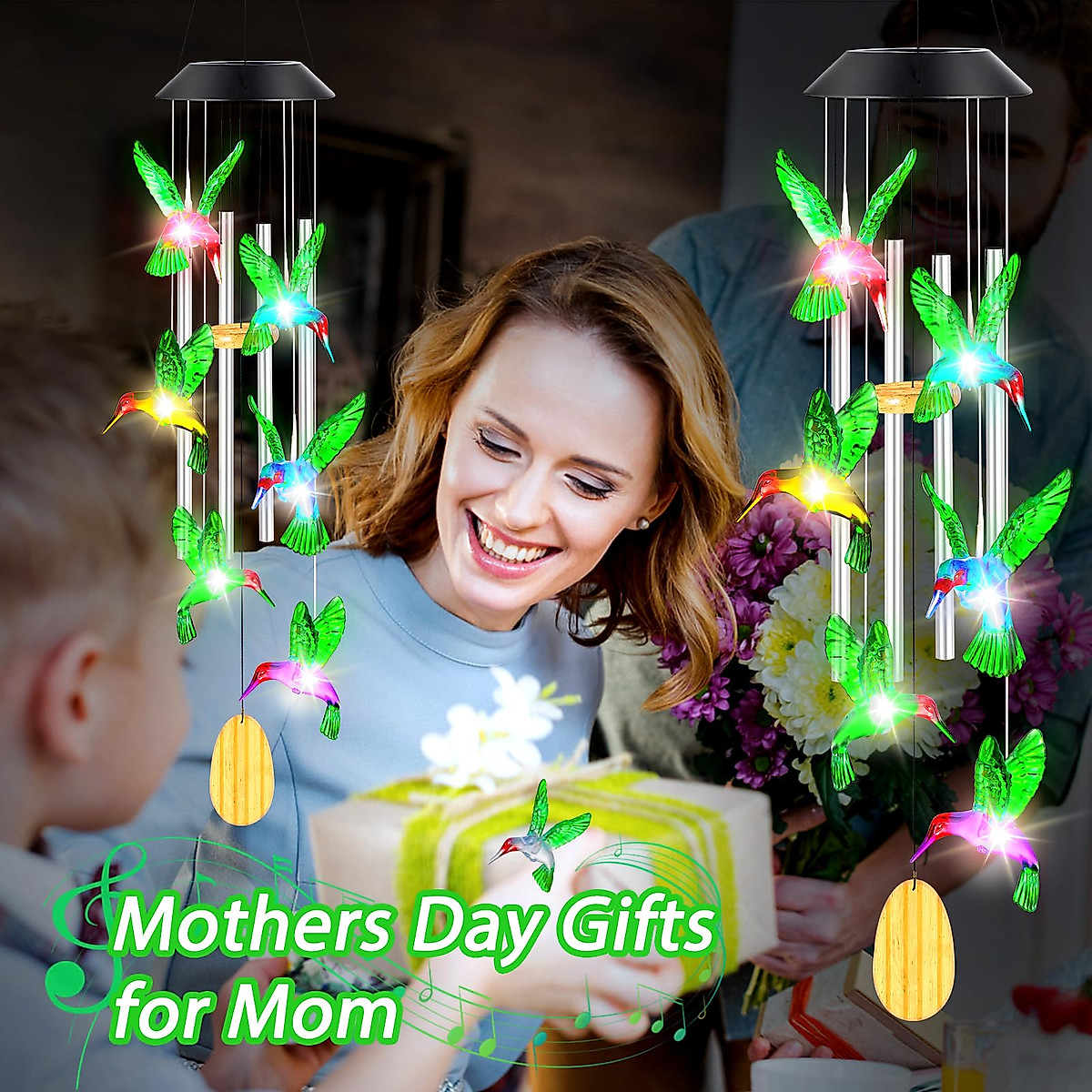 Mothers Day Wind Chimes Gifts for Mom Birthday Gifts for Women Mother‘s Day Gift for Grandma Wife Sister Gift Hummingbird Wind Chimes Solar Lights for Outside Garden Outdoor House Patio Décor