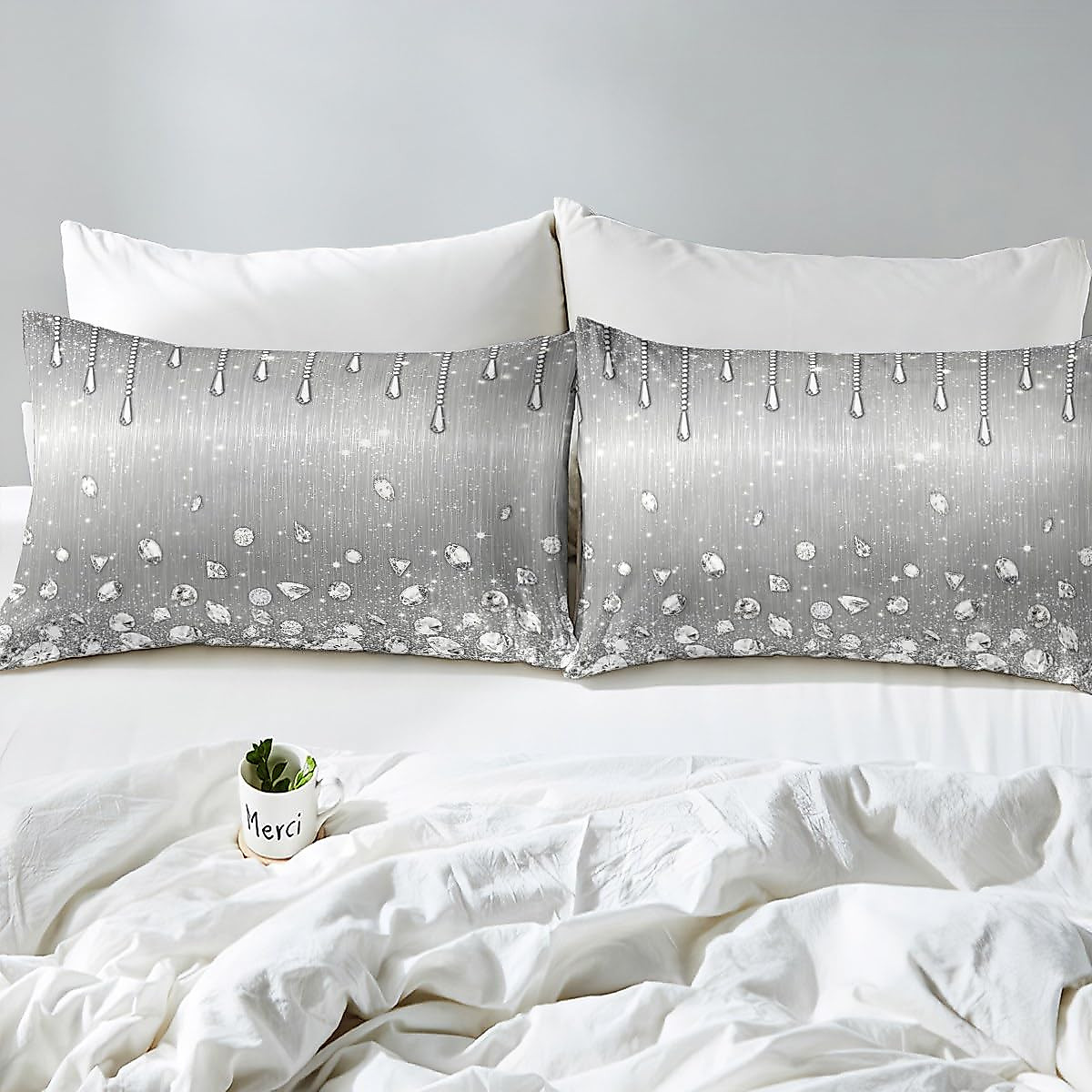 Geometric Ombre Stripes Fitted Sheet Full Size,Silver Glitter Sequin Diamond Bedding Set,Kids Girls Boys Adults Room Decor,Princess Dreamy Bed Cover,Gray Romantic Bed Sheet,2 Pillowcases