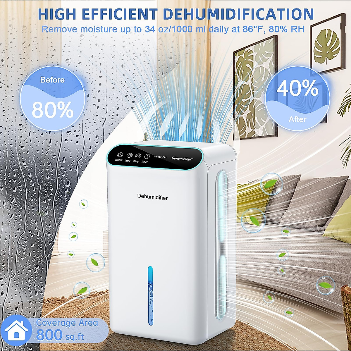 Dehumidifiers for Home, Up to 800 Sq.ft, 86oz Water Tank, Dehumidifiers for Bedroom with Essential Oil Diffuser, 7 Color LED Light, 24H Timer, Auto Shut-off, Ideal for Bathroom Basement Closet RV