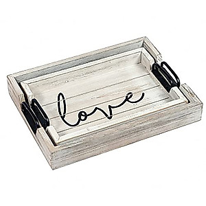 Ottoman Tray for Living Room White, Rustic Wooden Serving Trays with Handles, Set of 2 Family and Love Letters Printed Design, Farmhouse Decorative Tray for Coffee Table Decor, Breakfast Butler Tray