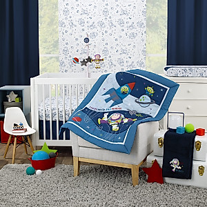 Disney Toy Story Outta This World Blue and Gray 3 Piece Nursery Crib Bedding Set - Comforter, Fitted Crib Sheet, and Crib Skirt