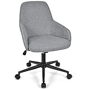 Giantex Fabric Office Chair, Upholstered Linen Leisure Chair, Ergonomic Desk Chair w/Rocking Backrest, Modern Vanity Chair, Swivel Adjustable Task Chair for Bedroom & Study (Grey)