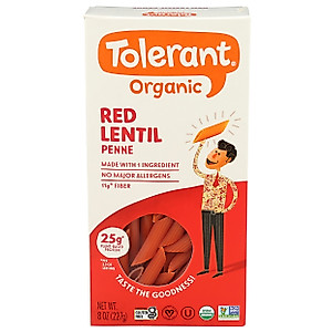 Tolerant Organic Red Lentil Penne Pasta Free from Allergens - Gluten Free, Vegan, Paleo, Plant Based Protein Pasta - Non GMO, Kosher - Made with 1 Single Ingredient, 8 Ounce (Pack of 1)