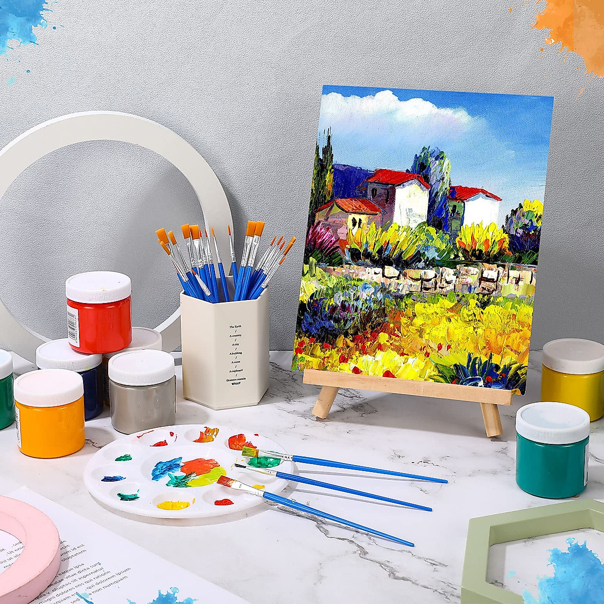 48 Pcs Canvas Painting Boards Set Including 12 Pcs 8 x 10 Inch Blank White Canvas Panels 12 Pcs Round Paint Tray Palettes and 24 Pcs Nylon Brushes for Oil Acrylic Watercolor Paint Kids Party Classroom