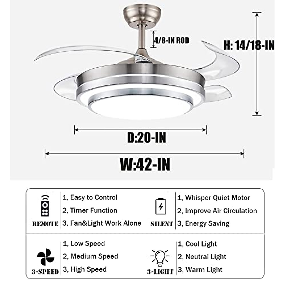 Fandian 42" Modern Ceiling Light with Fans Remote Control, 4 Retractable Blades with 3 Light Color Change Ceiling Fan for Living Bedroom Restaurant, Silver Color with Silent Motor (42In-1)