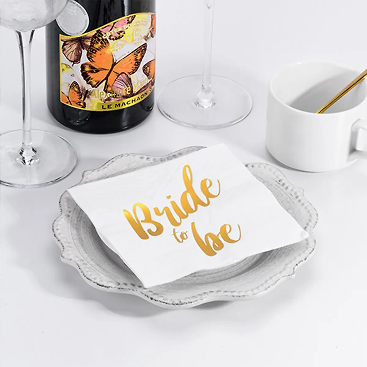 Wedding Napkins- KRGMNHR 50 Pcs Disposable Paper Cocktail Napkins with Gold Foil "Bride to be" for Wedding Shower Engagement Party Decorations, Wedding Cake Table Decor Supplies, Folded 5"x5", 3-Ply