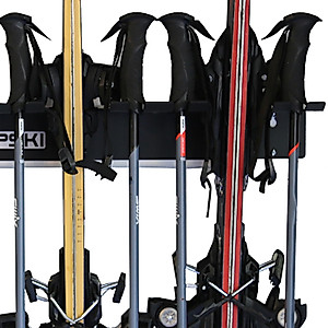 TRAPAWAY Wall Rack | Holds 4 pair of Skis or Snowboard by Bindings | Garage Organizer for Yard Tools, Gear & Equipment | Aluminum | No Moving Parts to break or pinch | Made in the USA (Black Quad)