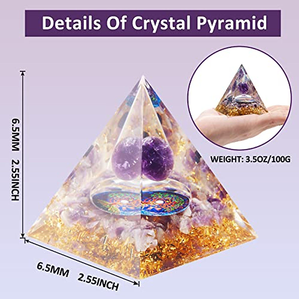 Orgone Pyramid - Orgonite Healing Amethyst Crystal Sphere with Reiki Obsidian Protection Handmade Pyramids Valentines Day Gift Home Office Decor Positive Energy for Balancing (Amethyst+Tree Of Life)