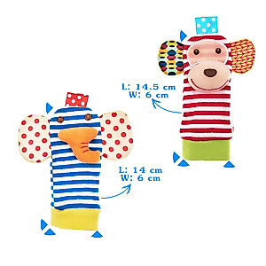 Baby Rattle,URUTOREO Baby Wrist Rattle and Foot Rattles Finder Socks Set, Developmental Soft Animal Rattles Monkey and Elephant Socks Toys Infant Baby Toys (4 Pcs)