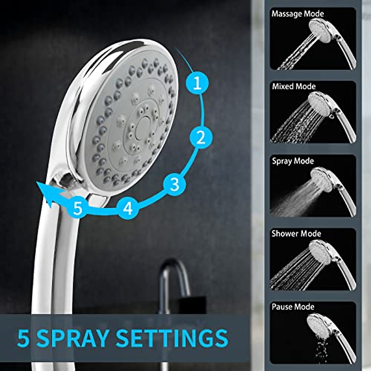 High Pressure Shower Head with Handheld,5-Settings Handheld Shower Head, High Flow with 59 Inch Stainless Steel Hose and Adjustable Bracket Teflon Tape Rubber Washers Easy Install
